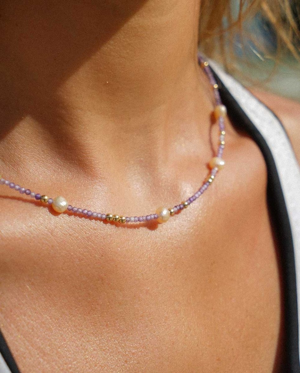 Amethyst Gemstone Beaded Necklace, 14k Gold Filled